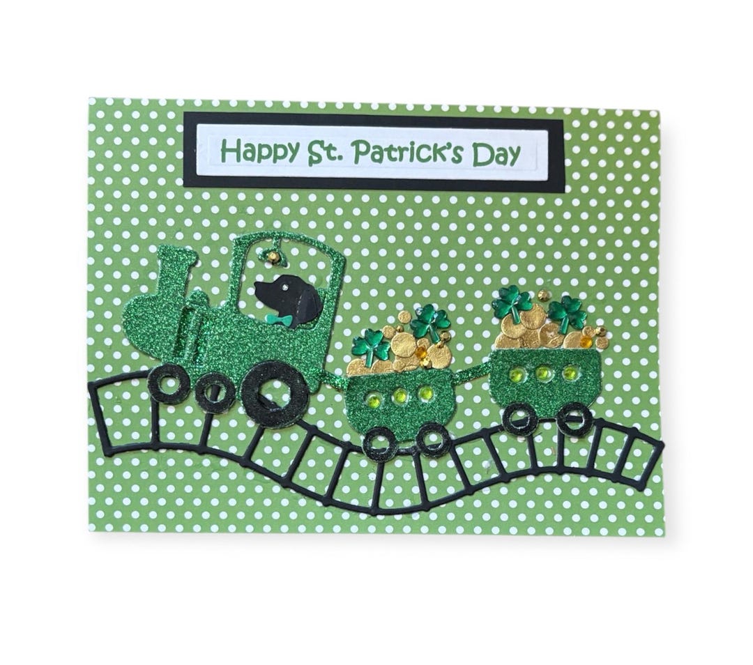 St. Patrick’s Day Card, Dog on Train With Shamrocks & Coins, Happy St ...