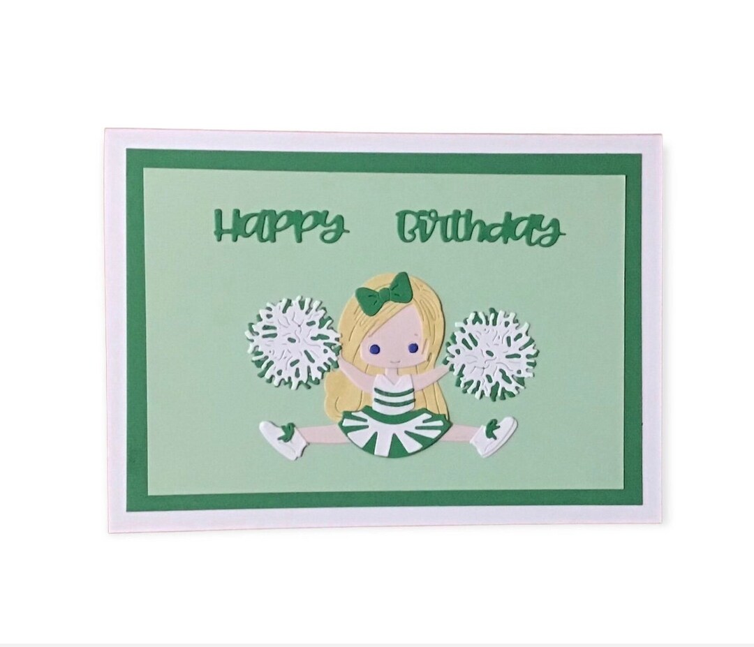 Cheerleader Birthday Card, Cheerleading Girl With Green Pompoms ...