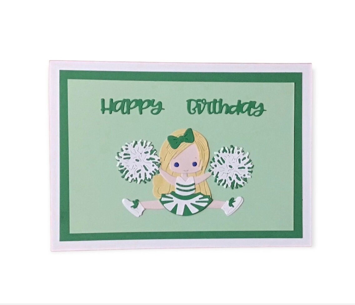 Cheerleader Birthday Card, Cheerleading Girl With Green Pompoms ...