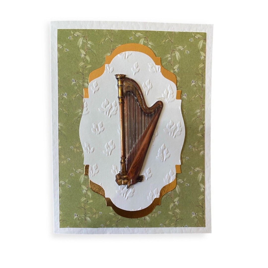 Harp Note Card, Music Theme Handmade Card for Harpist, Embossed Blank ...