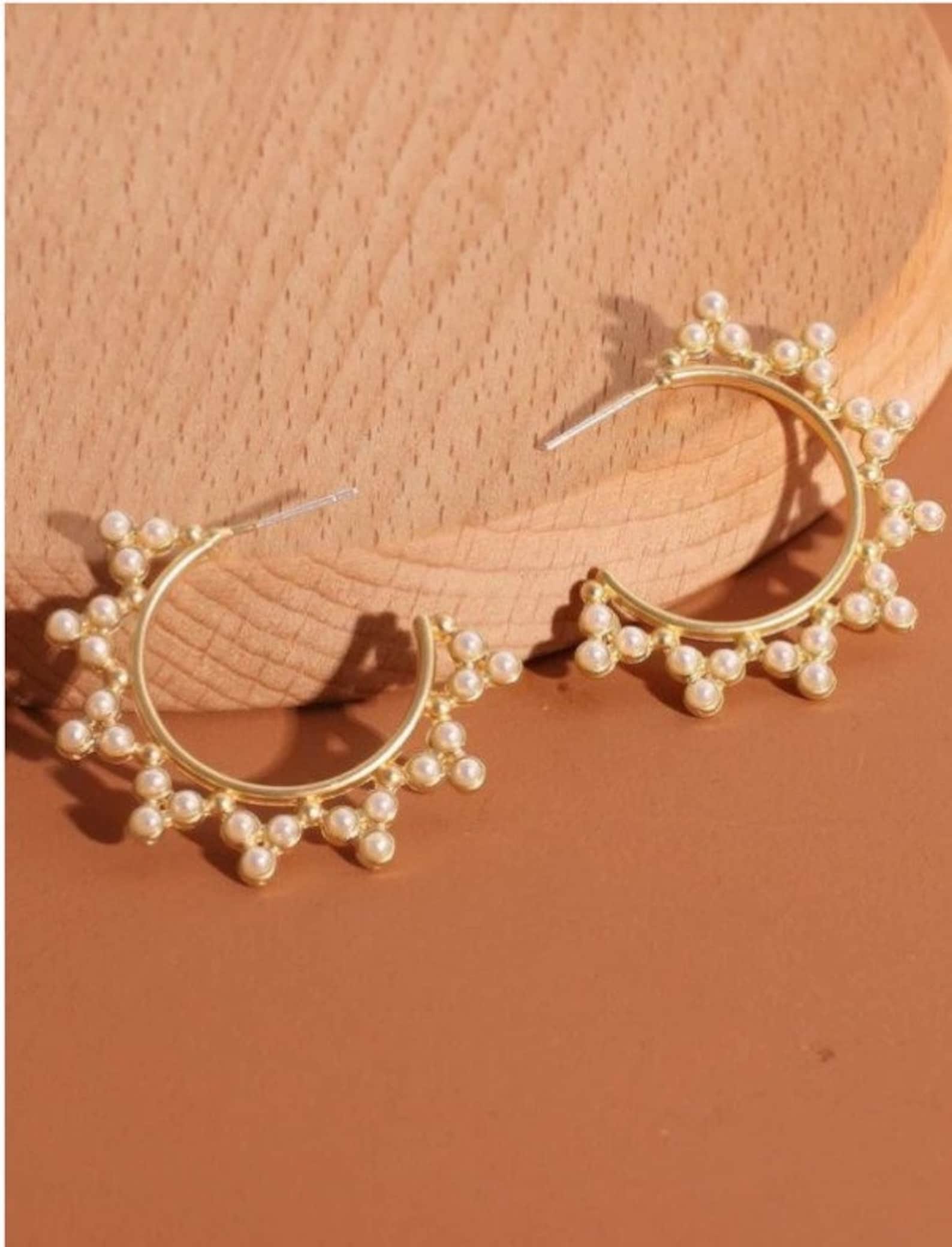Gold and Pearl Hoop Earrings Star Shape Open Hoops Pearl - Etsy