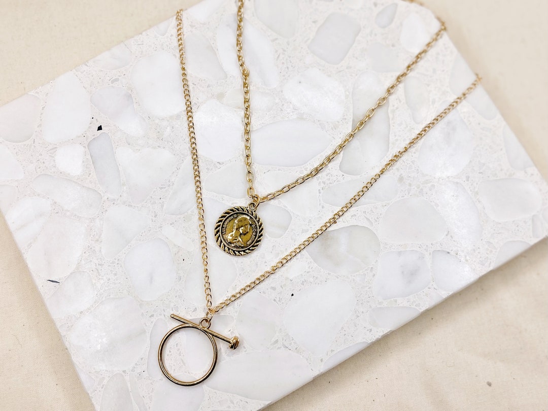 Gold Coin Layered Chains Necklace | Coin Pendant Necklace | Gold Link ...