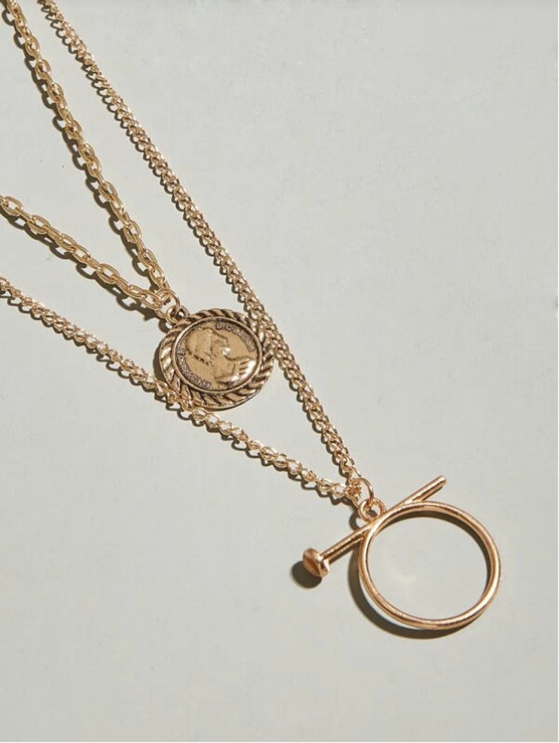 Gold Coin Layered Chains Necklace Coin Pendant Necklace - Etsy