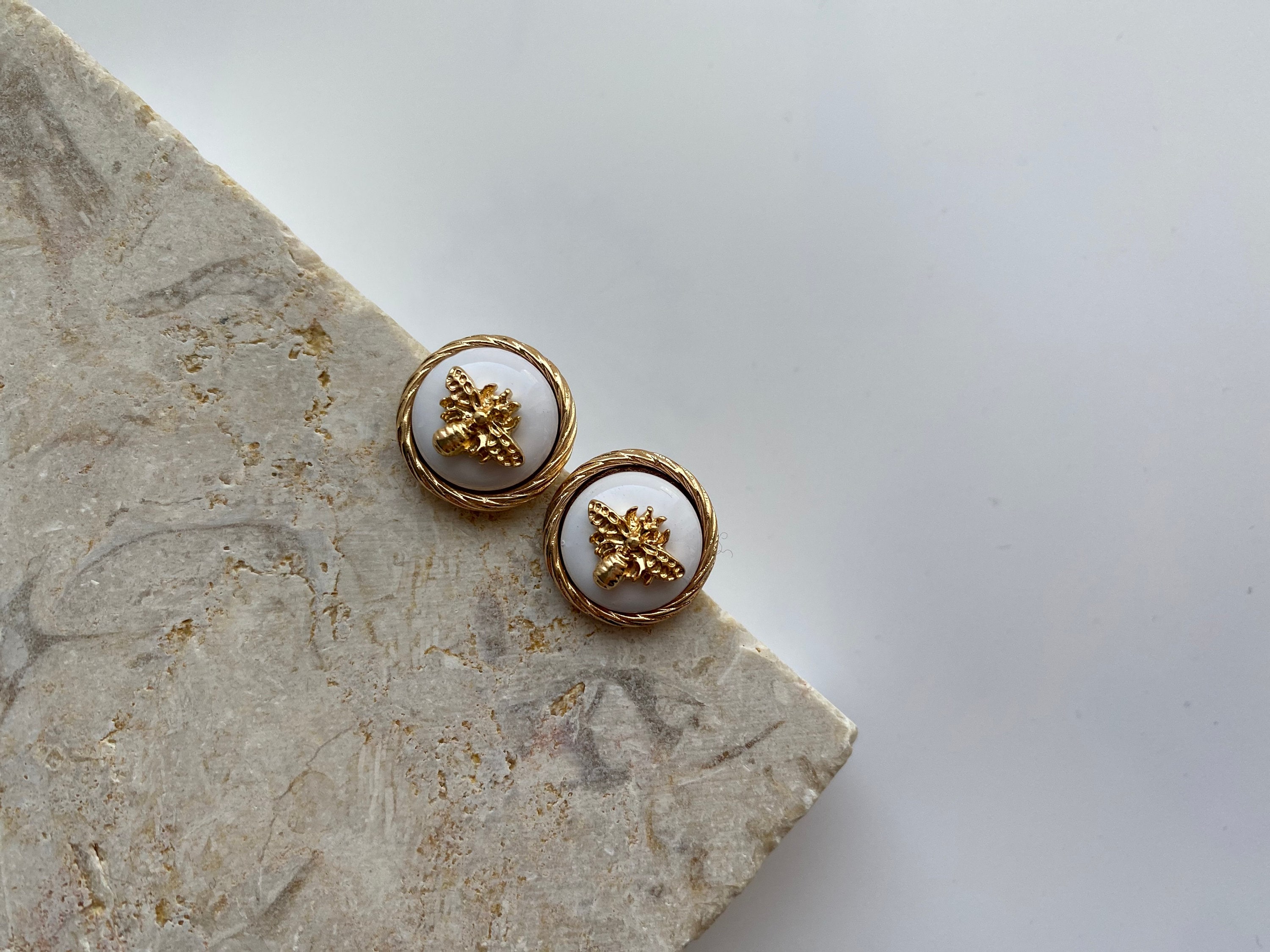 Gold Bee Decor Fashion Stud, Gold and White Round Studs, Bees Earrings ...