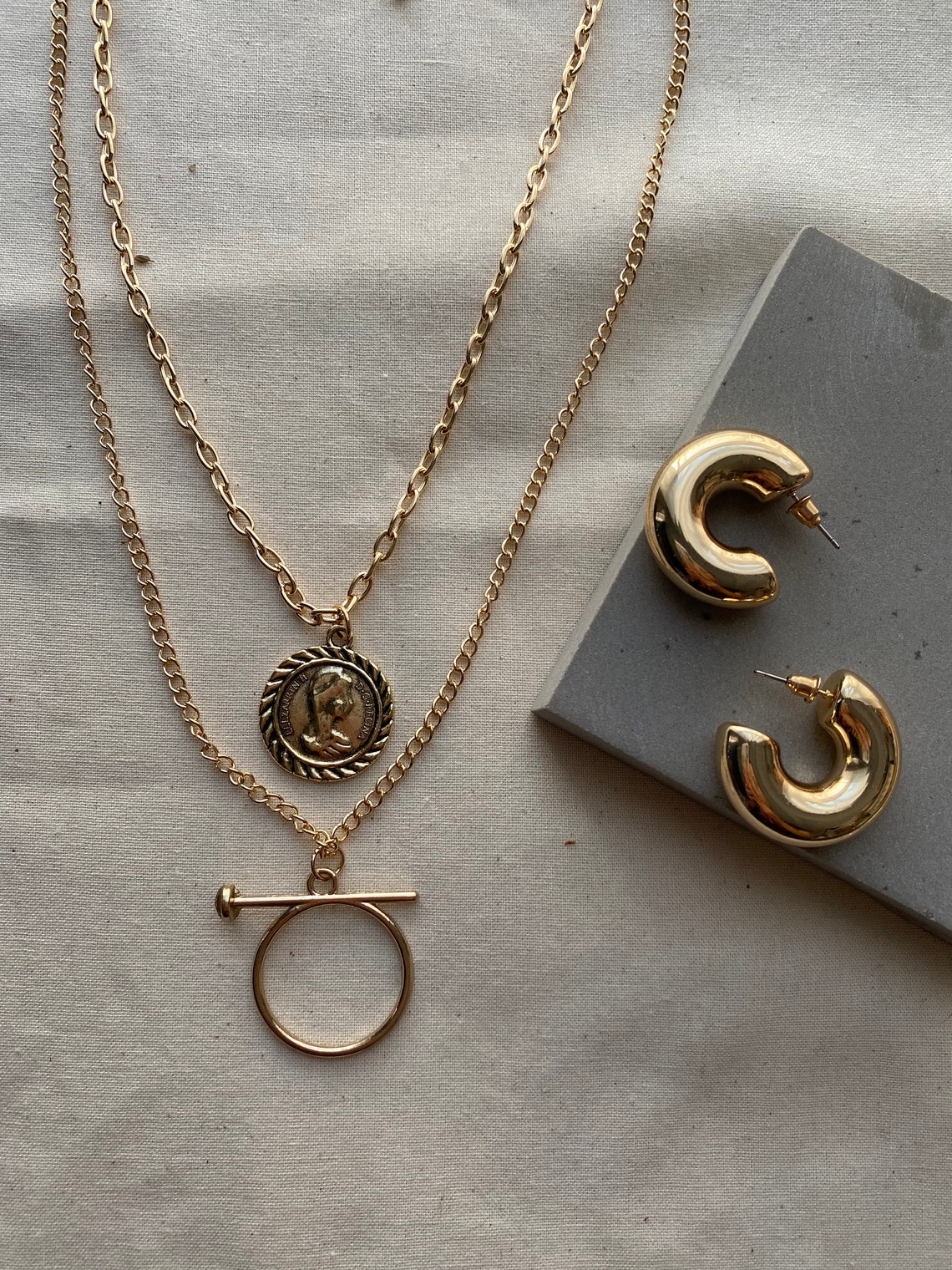 Gold Coin Layered Chains Necklace | Coin Pendant Necklace | Gold Link ...
