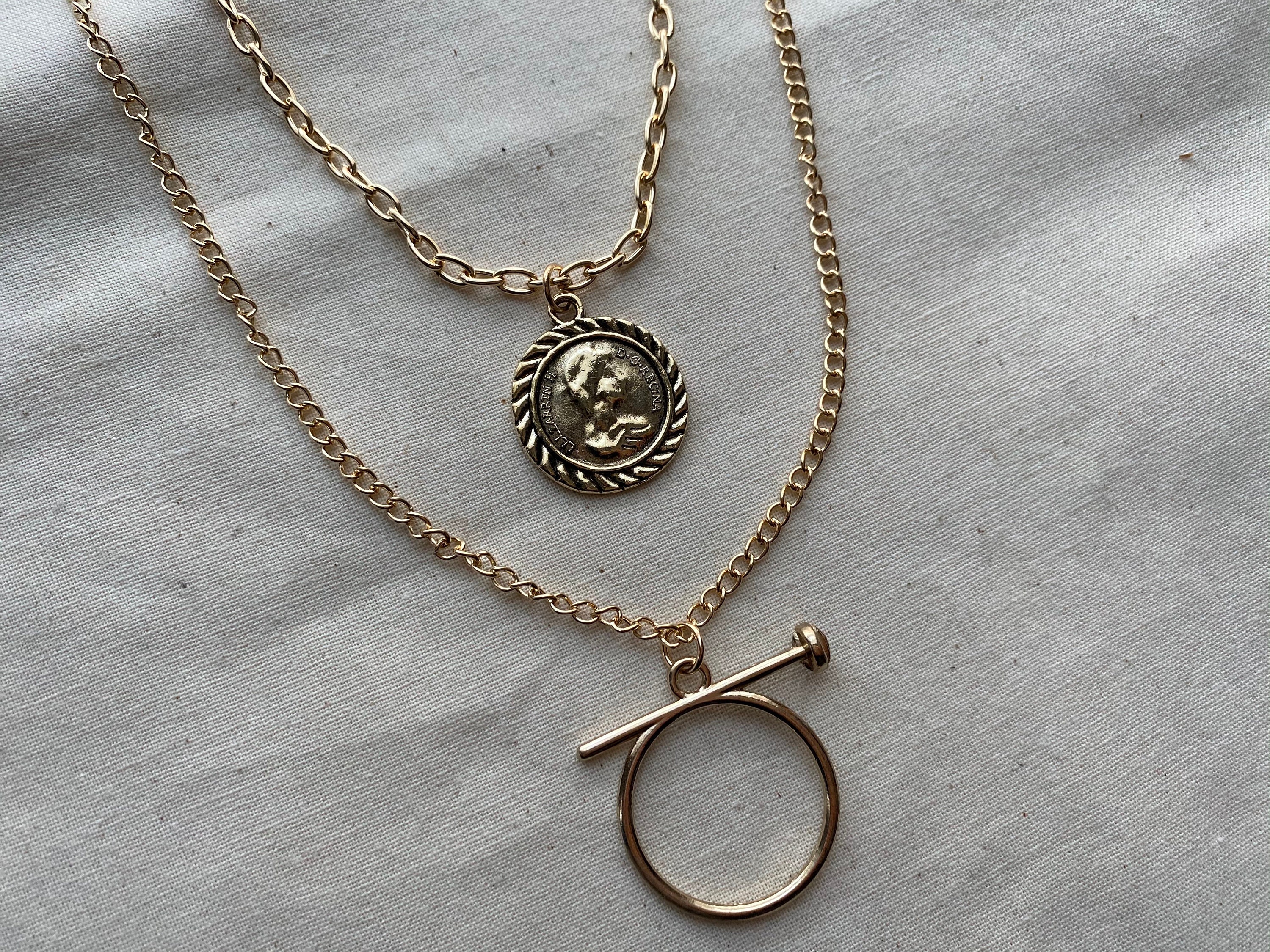 Gold Coin Layered Chains Necklace | Coin Pendant Necklace | Gold Link ...