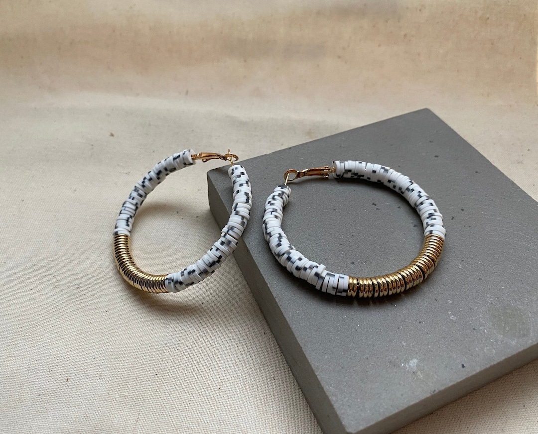 Polymer Clay White and Gold Hoops Earrings, Aztec Style Hoops ...