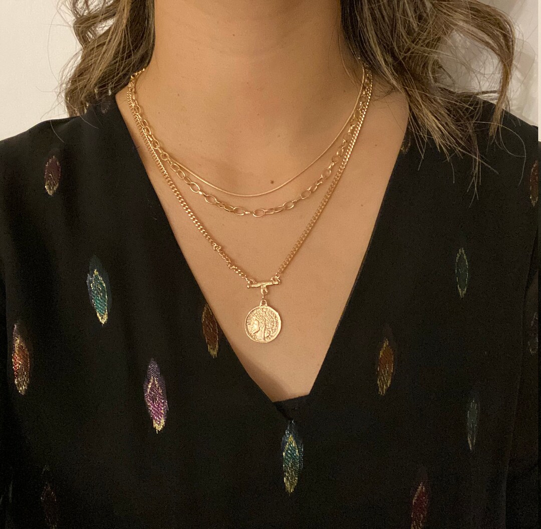 Layered Gold Coin Chains Necklace Coin Pendant Necklace Gold Link Chain ...