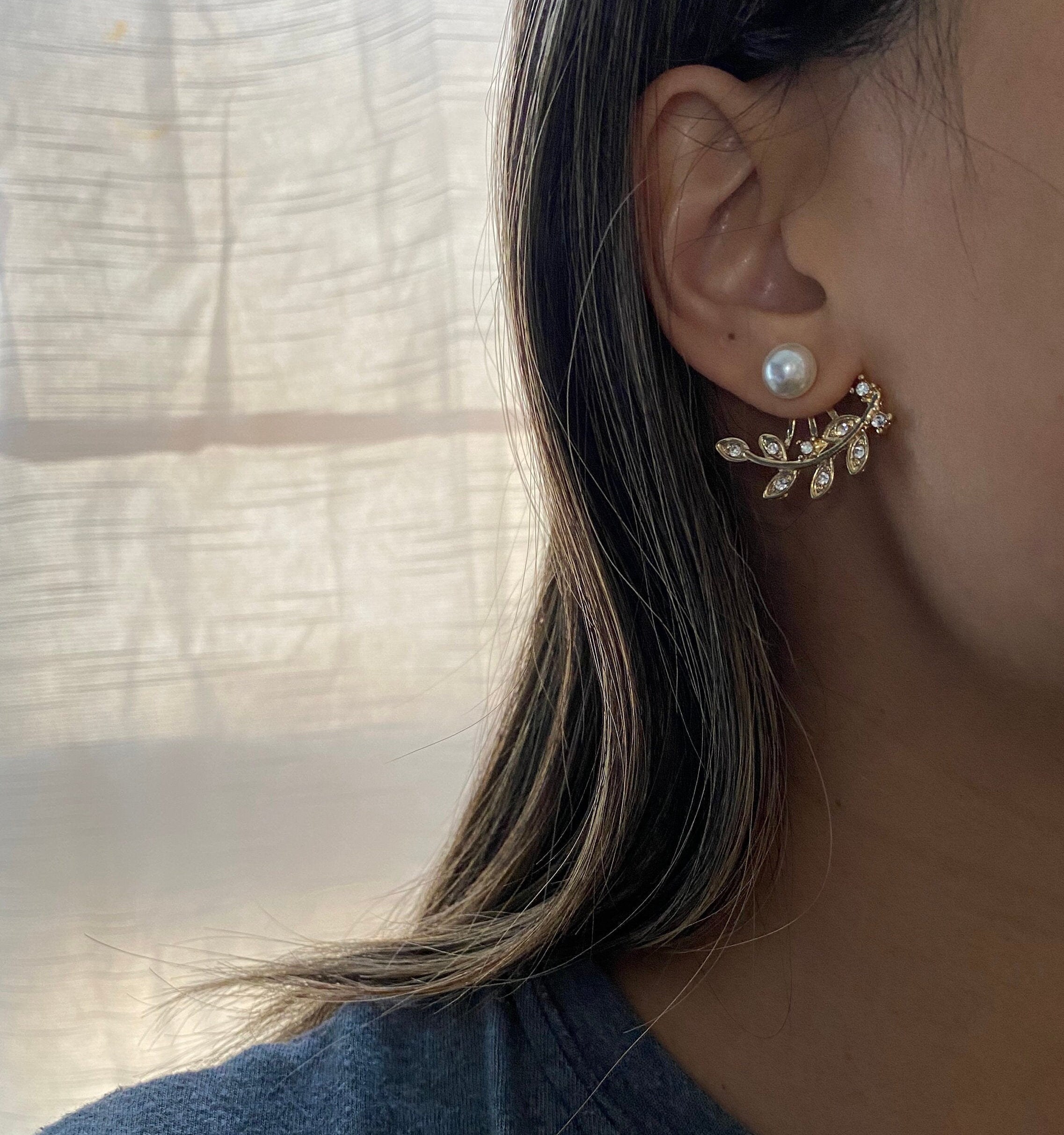 Elegant Pearl and Crystal Ear Jacket, Gold Leaf and Pearl Earrings ...