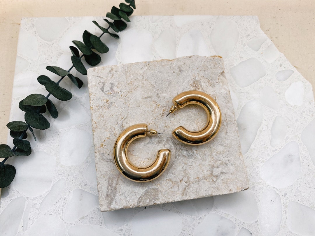 Medium Size Gold Chunky Hoops, Gold Open Hoops Earrings, Shiny Gold ...