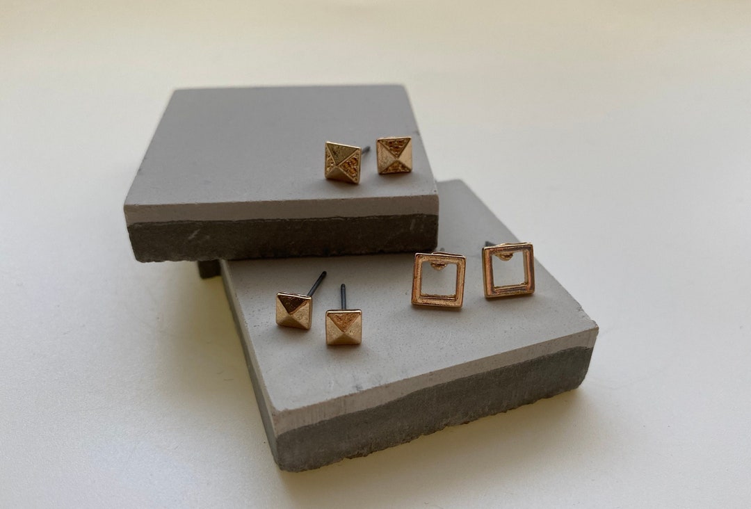 Textured Gold Square Studs Set, Mini Square Studs, Minimalist Geometric ...