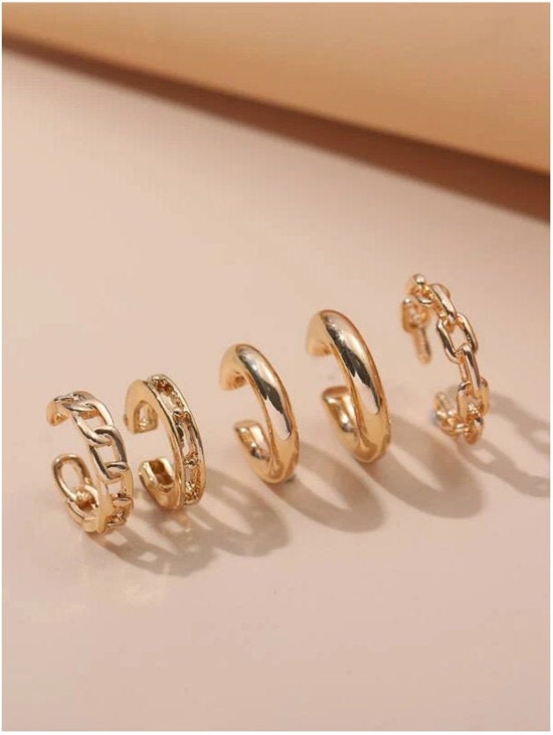 Mini Gold Hoop Ear Cuff Set (5pcs), Chain Ear Cuffs, Dainty Gold Hoops ...