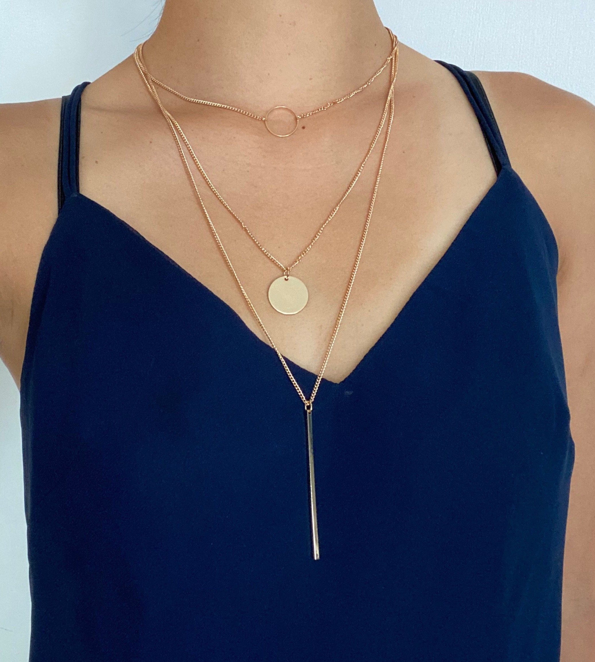 Minimalist Geometric Layered Necklace Golden Bar & Ring | Etsy
