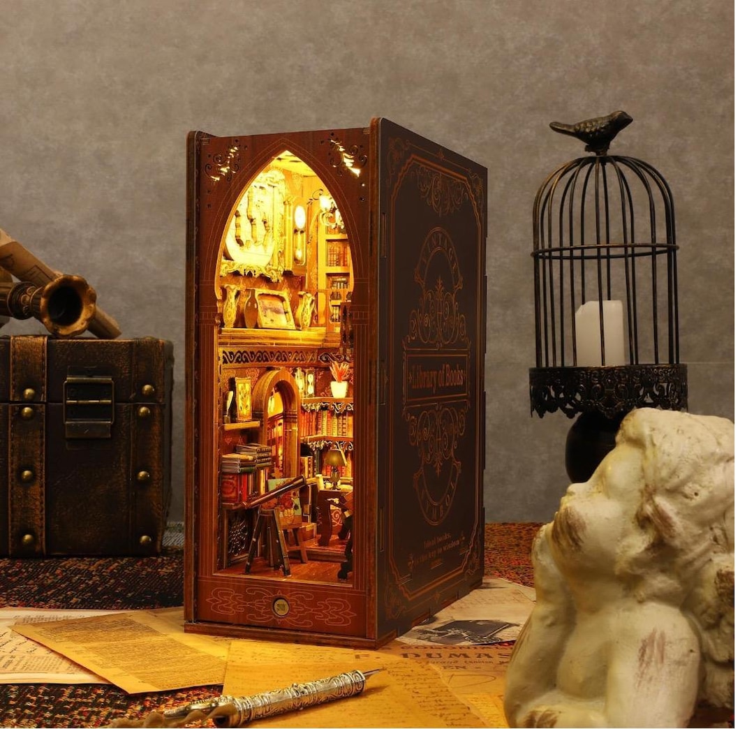 DIY Library of Books Wooden Miniature Book Nook Shelf Insert 3D Wooden ...