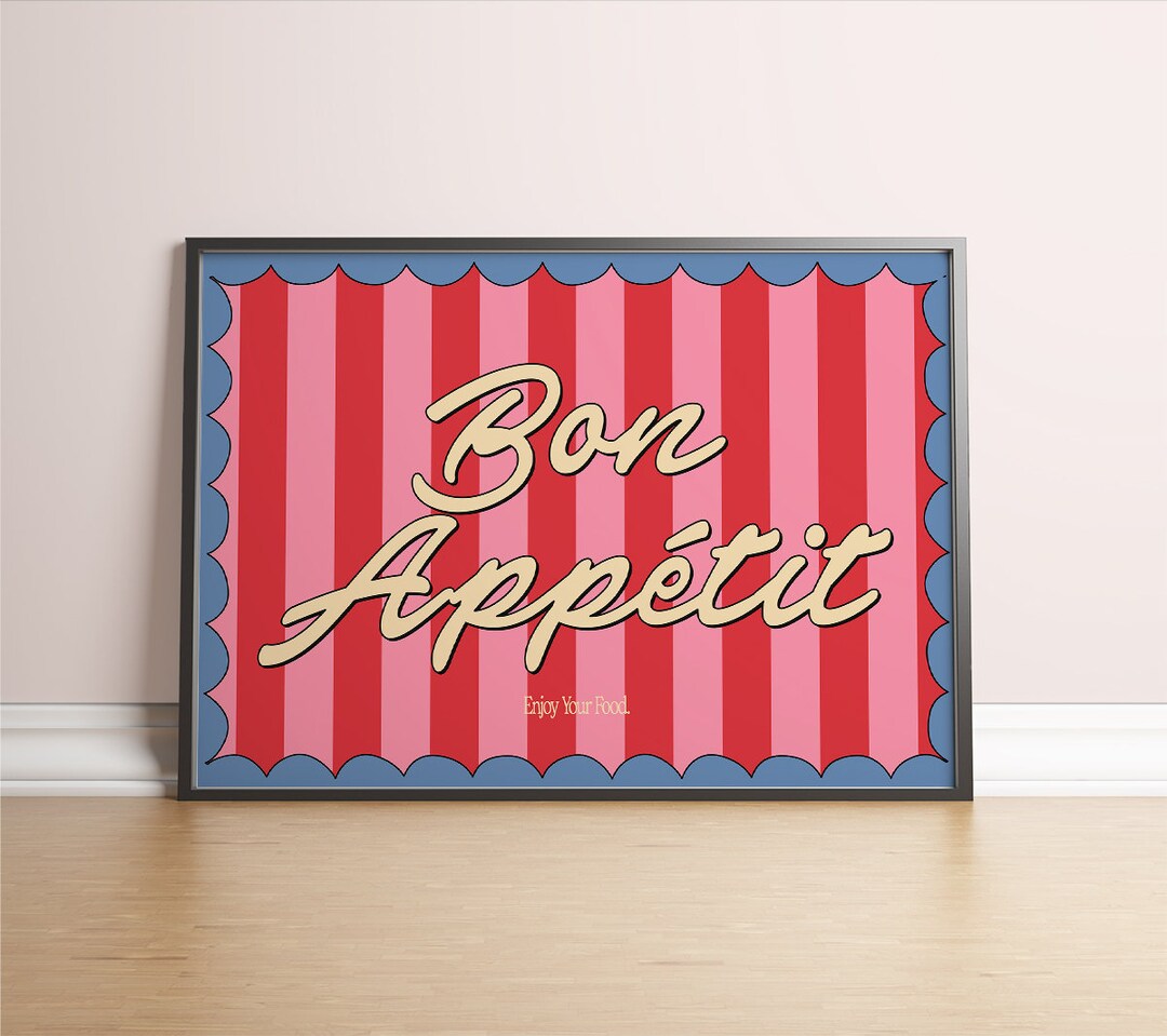 Bon Appetit Print | Enjoy Your Food Quote | Kitchen Print Retro ...