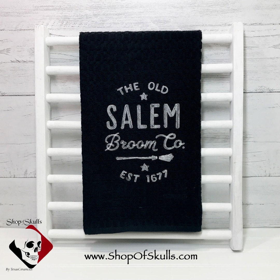 Old Salem Broom Co. Embroidered Black Cotton Towel: Witchy Halloween ...