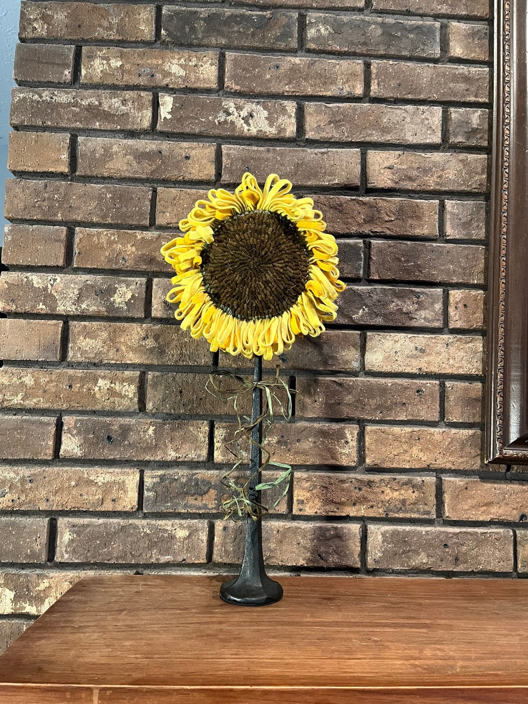 Sunflower on a Black Metal Pedestal Candlestick Rug Hooked Wool ...