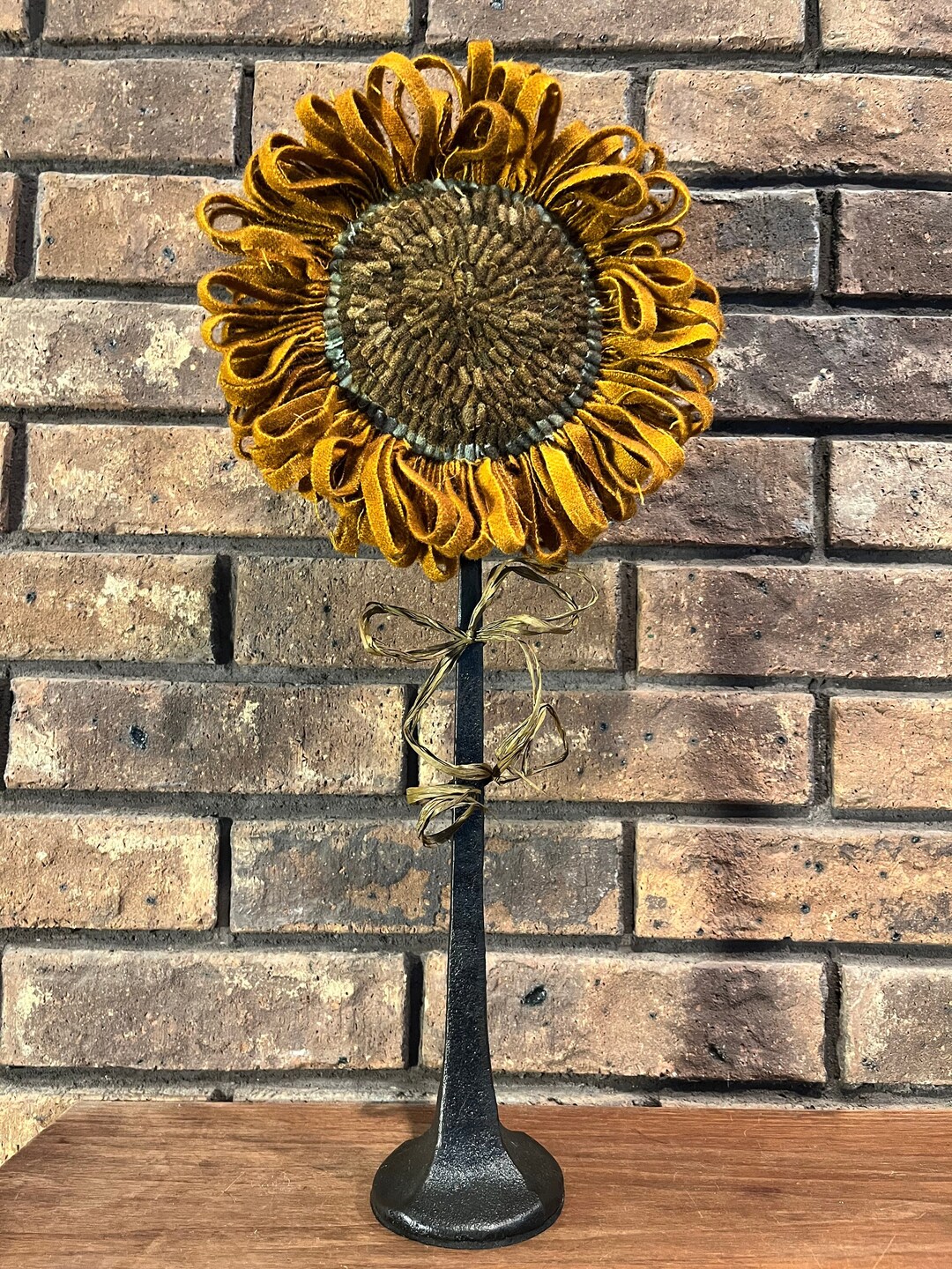 Sunflower on Black Metal Pedestal Candlestick Rug Hooked Wool Primitive ...