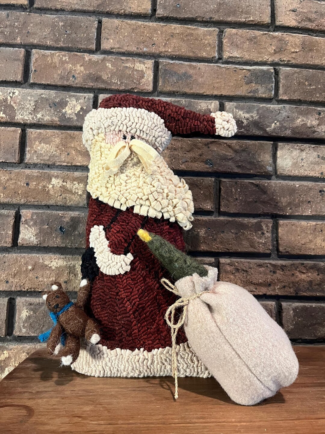 Santa With Teddy Bear and Pouch Christmas Tree Rug Hooked Wool ...
