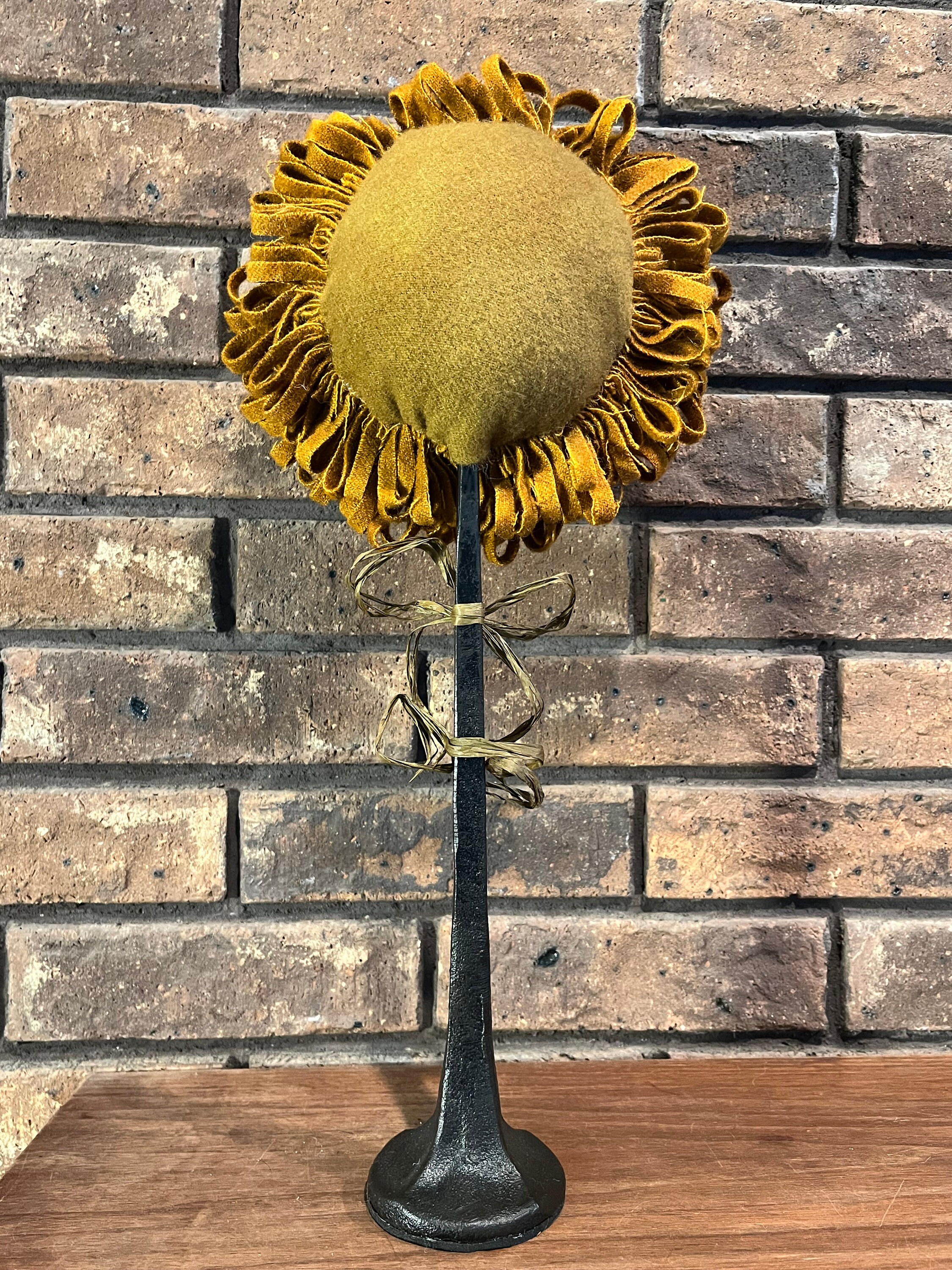 Sunflower on Black Metal Pedestal Candlestick Rug Hooked Wool Primitive ...