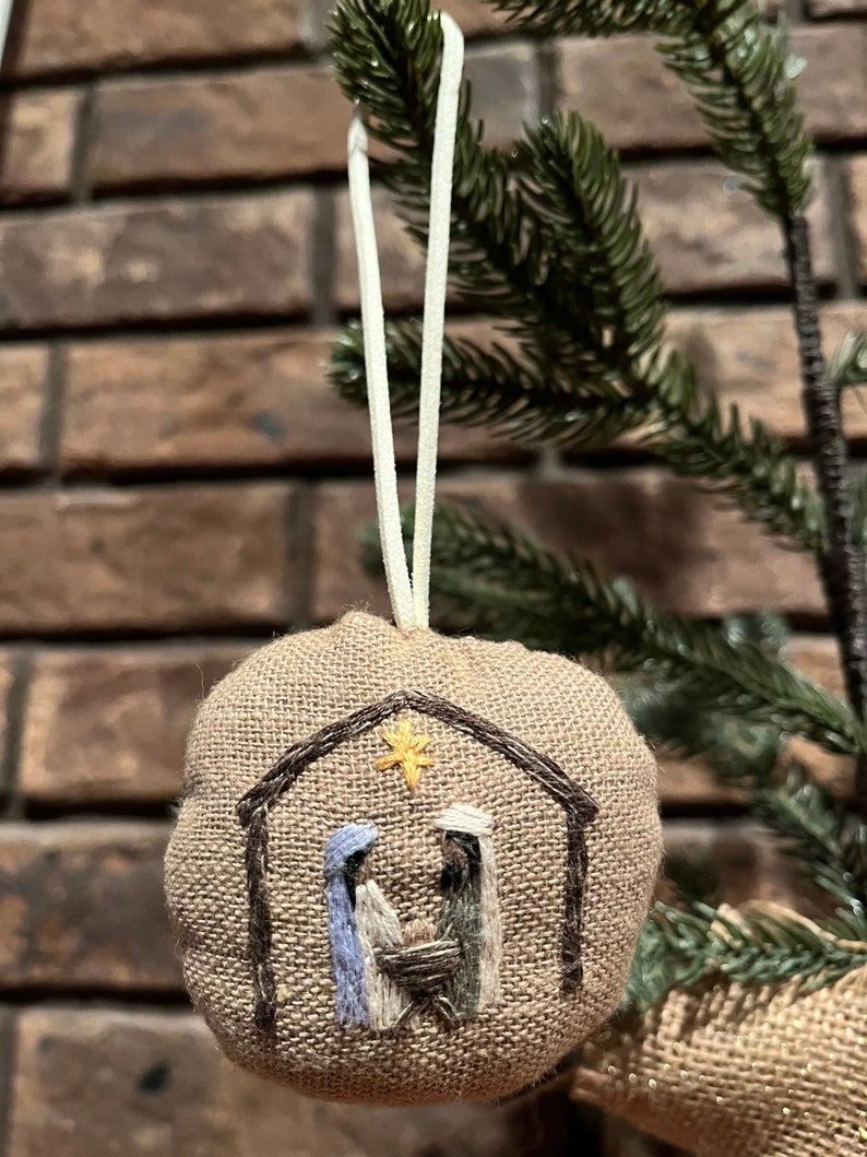 Nativity Ornament Hand Embroidered Stitched Stuffed Linen Primitive ...