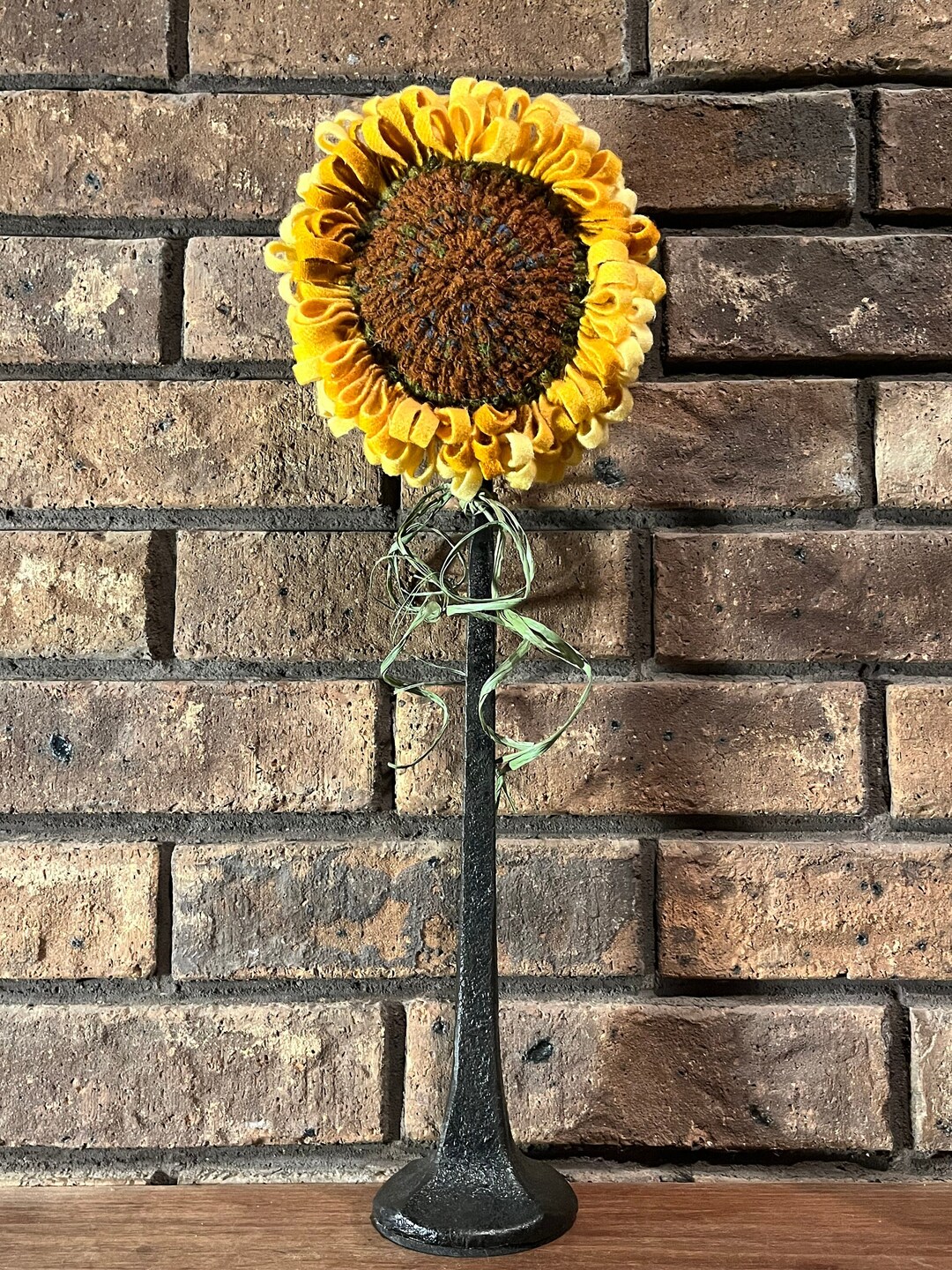 Sunflower on a Black Metal Pedestal Candlestick Rug Hooked Wool ...