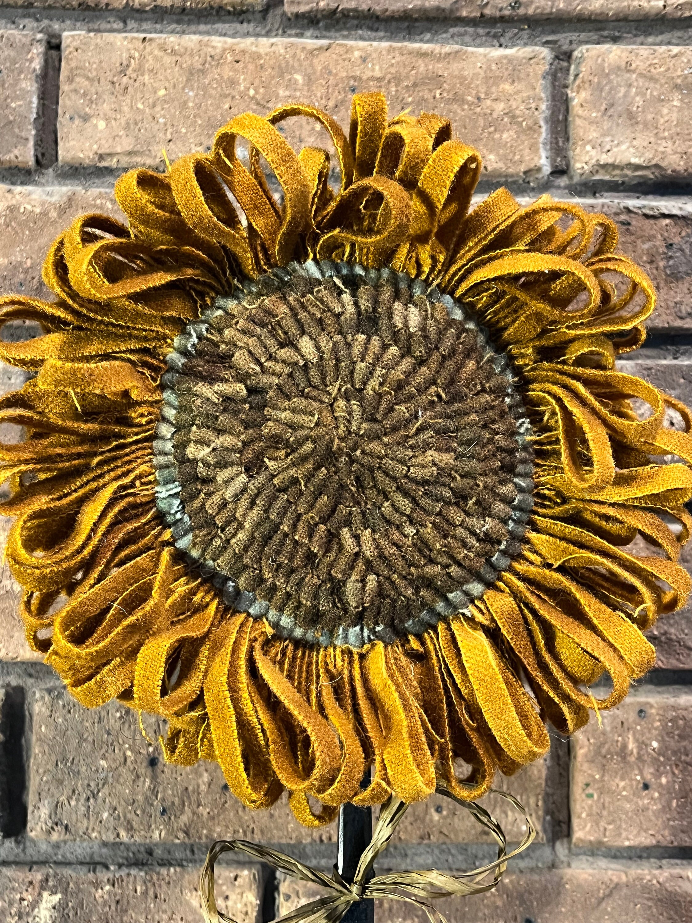 Sunflower on Black Metal Pedestal Candlestick Rug Hooked Wool Primitive ...