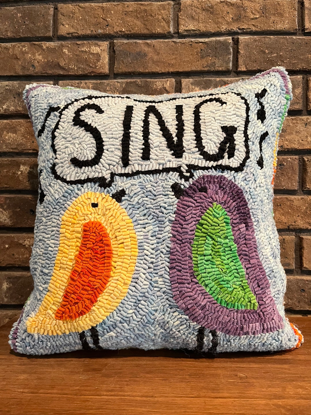Pillow of Birds Singing Rug Hooking 100% Wool Handmade Original Gift ...