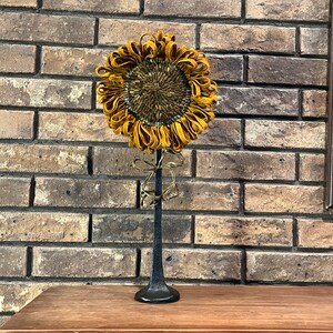 Sunflower on Black Metal Pedestal Candlestick Rug Hooked Wool Primitive ...