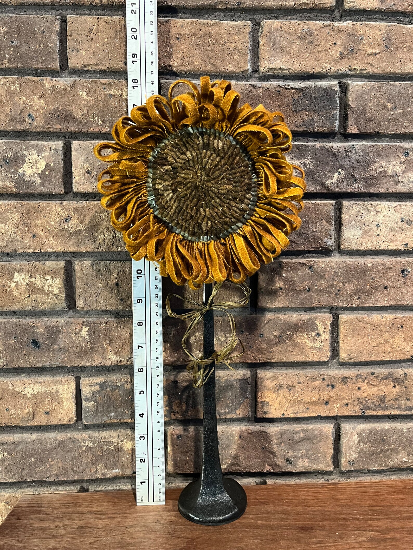 Sunflower on Black Metal Pedestal Candlestick Rug Hooked Wool Primitive ...