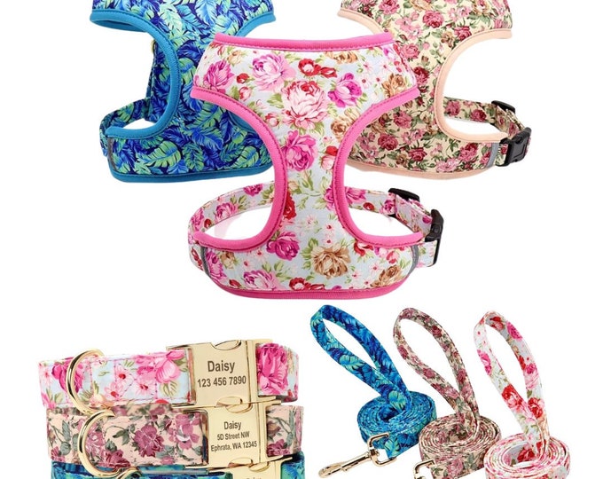 Personalized Dog Harness Leash, Girl Dog Collar Pink, No Pull Harness ...