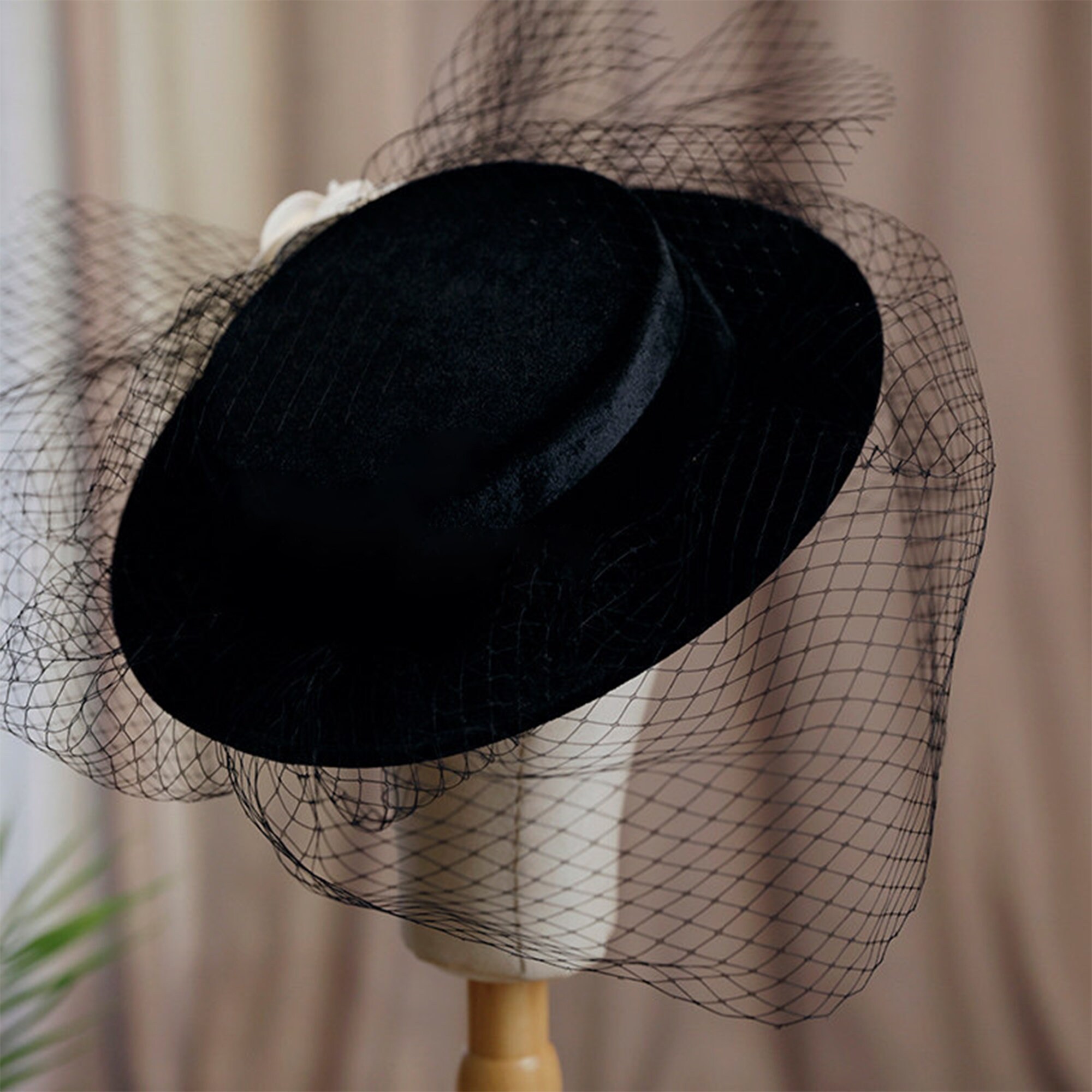Black Velvet Hat with Veil Wedding Hat with Lace Fascinator | Etsy