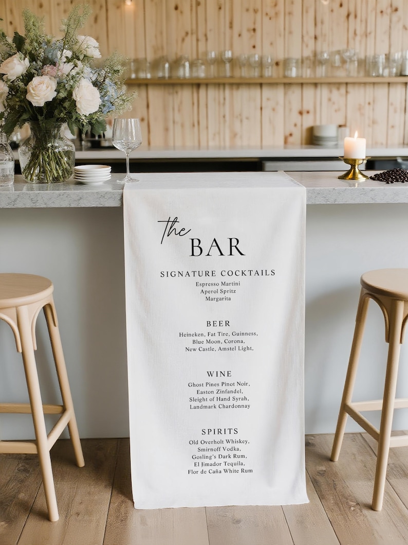 Fabric Bar Sign, Minimalist Wedding Bar Menu, Signature Cocktails Sign ...