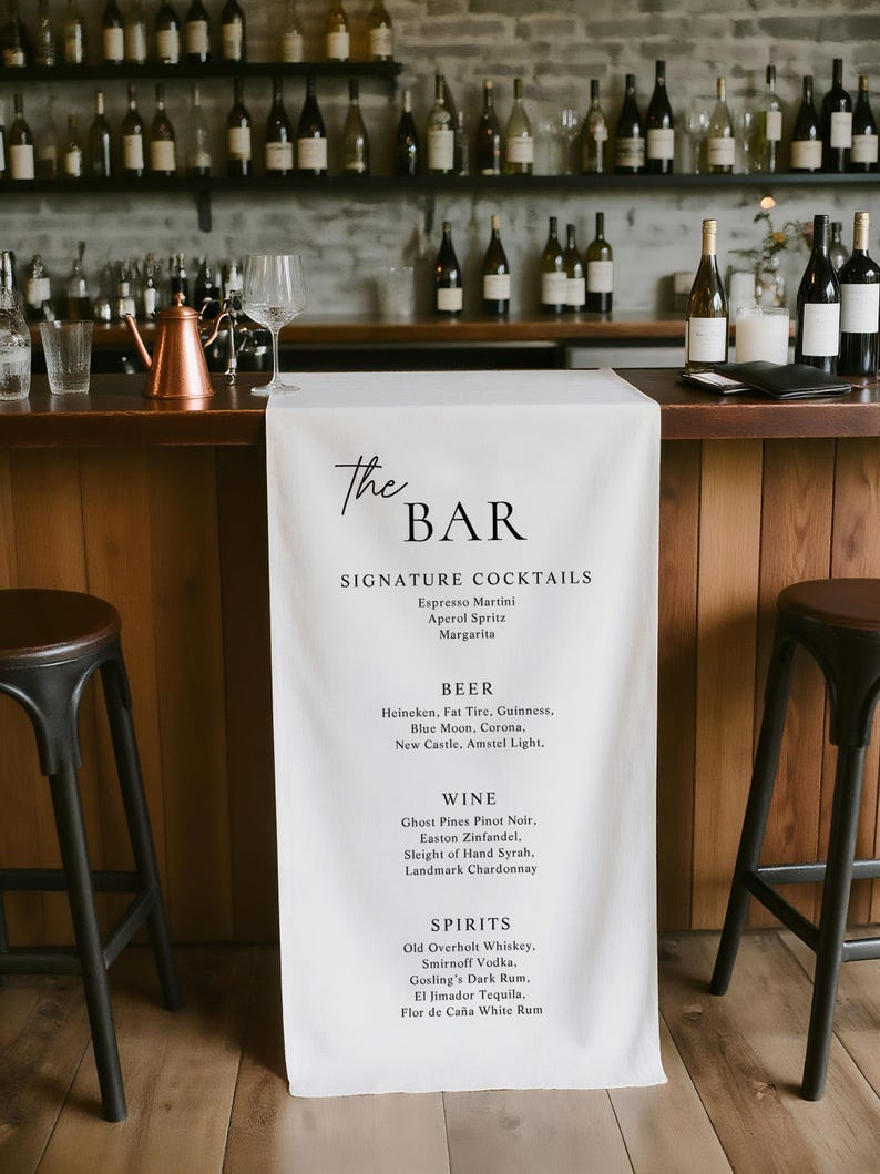 Fabric Bar Sign, Minimalist Wedding Bar Menu, Signature Cocktails Sign ...