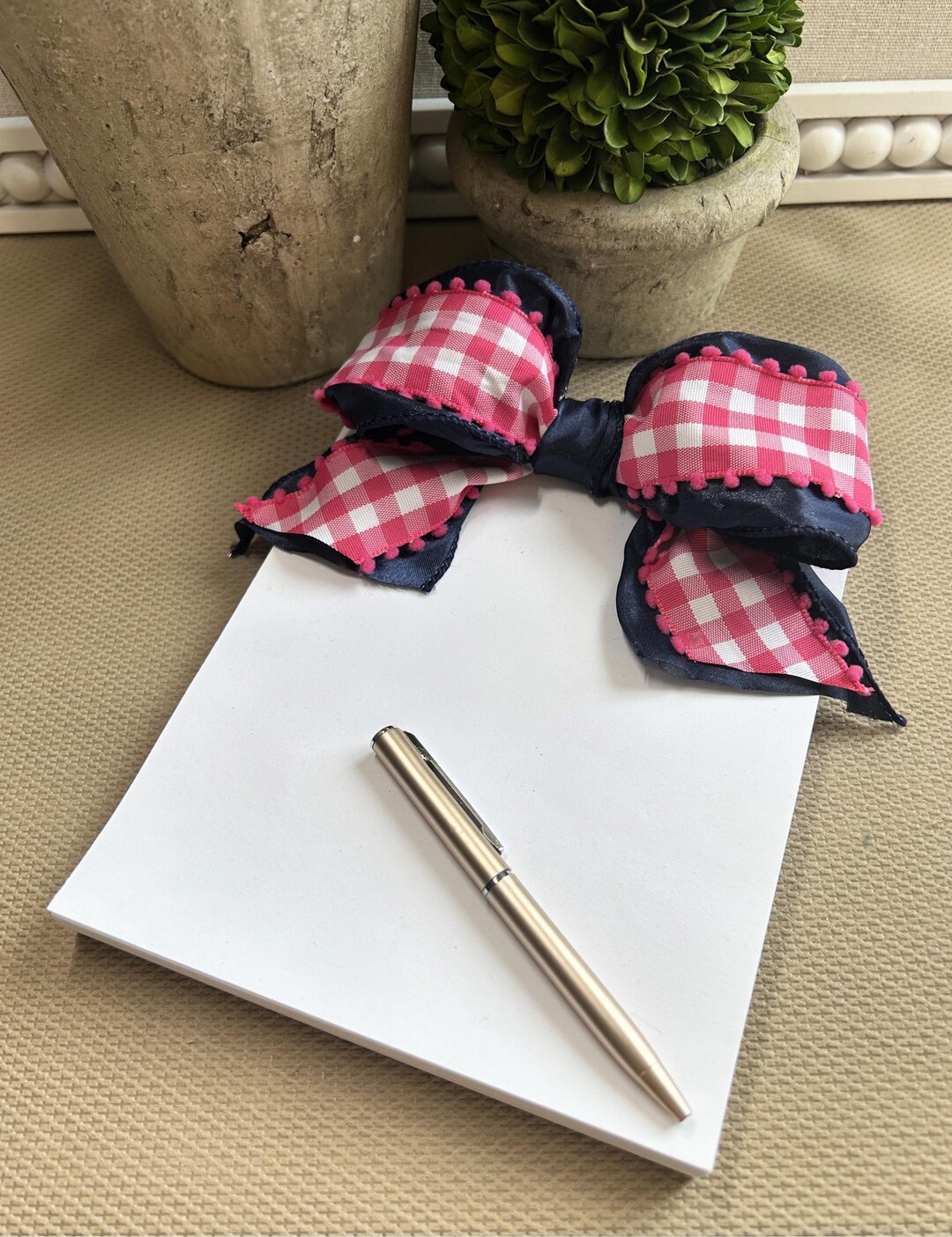 Hot Pink Gingham & Navy Ribbon Notepad | Perforated | Preppy Stationery ...