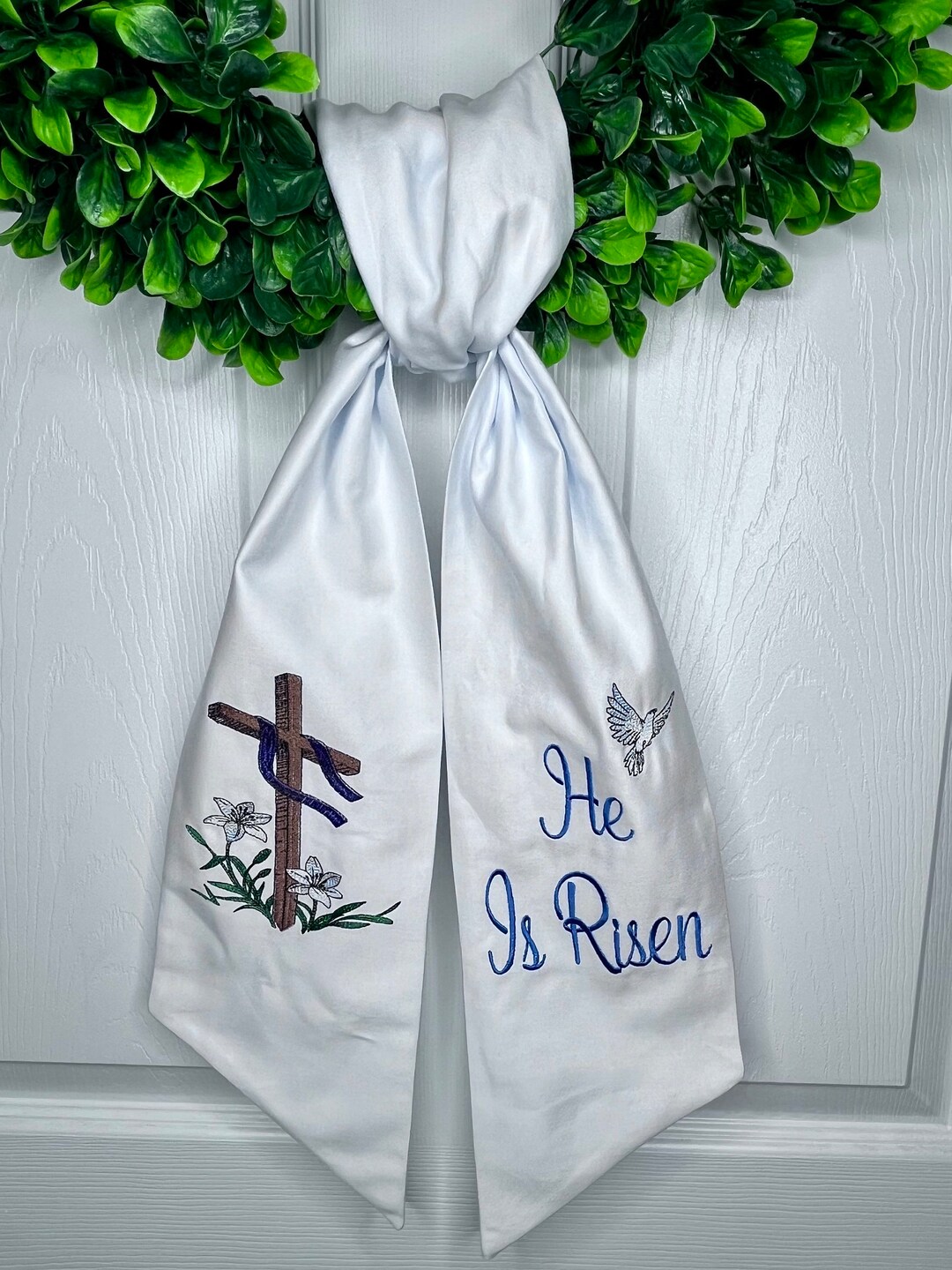 Easter Wreath Sash*he is Risen* Embroidered Wreath Sash* Cross and Dove ...