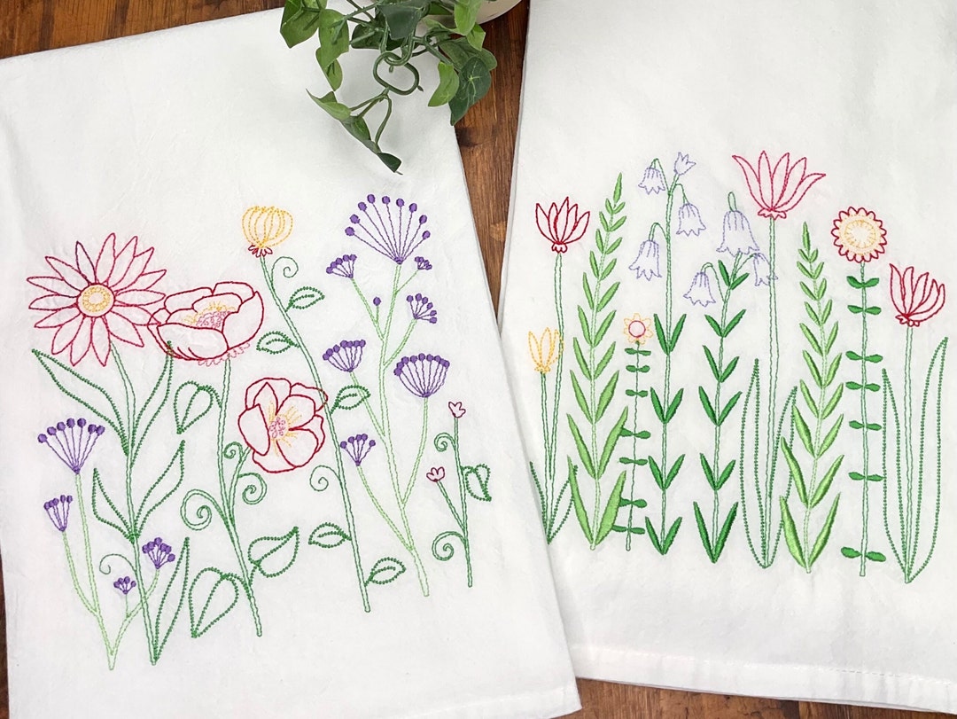 Tea Towels*vintage Embroidered Flowers*set of Tea Towels*hand Towels ...