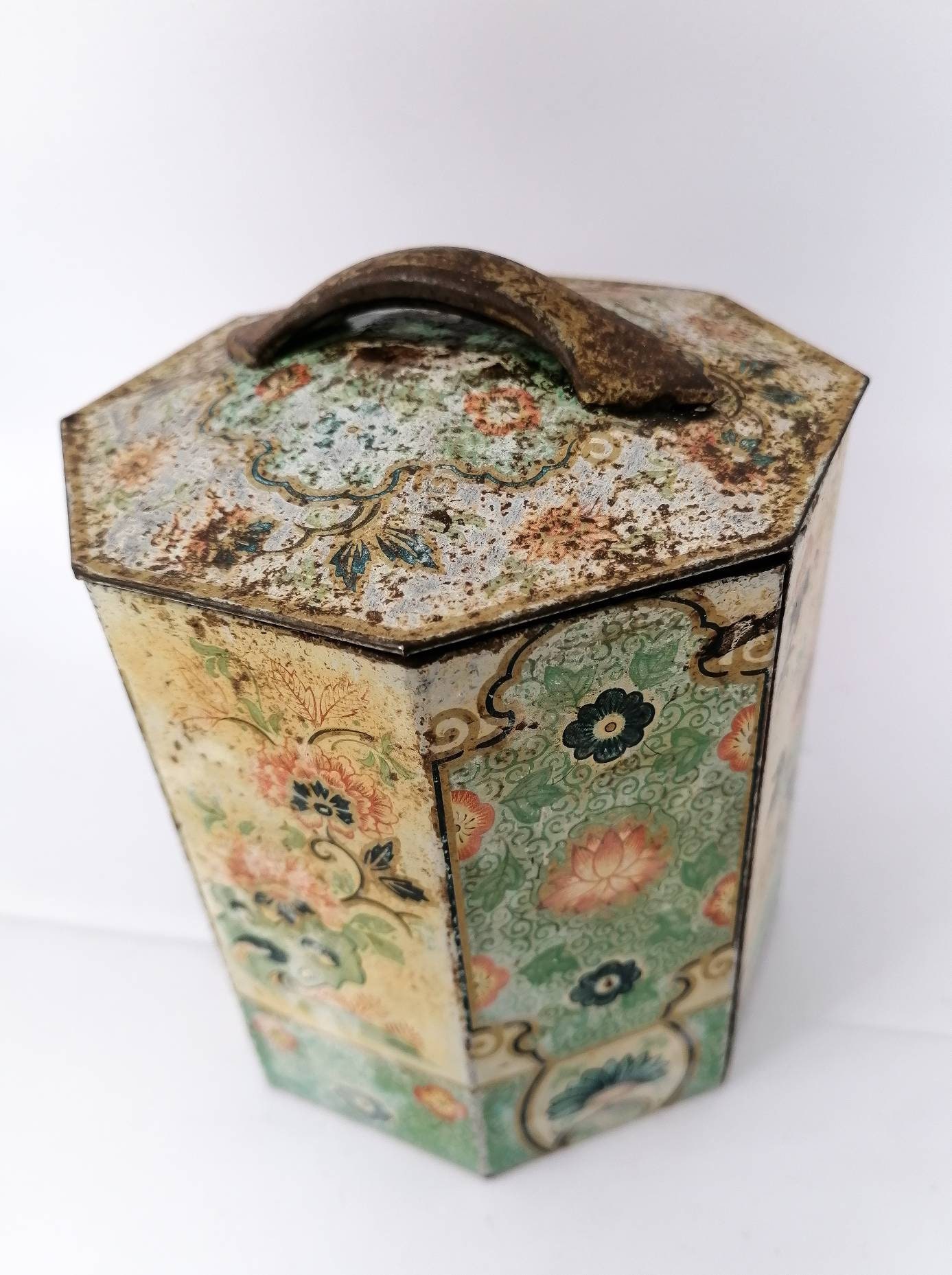 Antique Octagonal Oriental Tin Box | 1950s Asian Floral Tea Tin With ...
