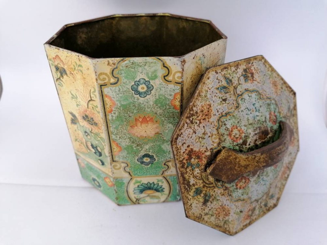 Antique Octagonal Oriental Tin Box | 1950s Asian Floral Tea Tin With ...