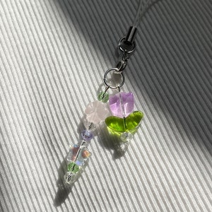 Cute Glass Bead Keychain Sterling Silver Purple Tulip Flower Pink ...