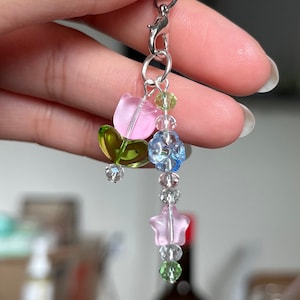 Cute Glass Bead Keychain Sterling Silver Pink Tulip Flower Pink Star ...