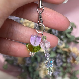 Cute Glass Bead Keychain Sterling Silver Purple Tulip Flower Pink ...