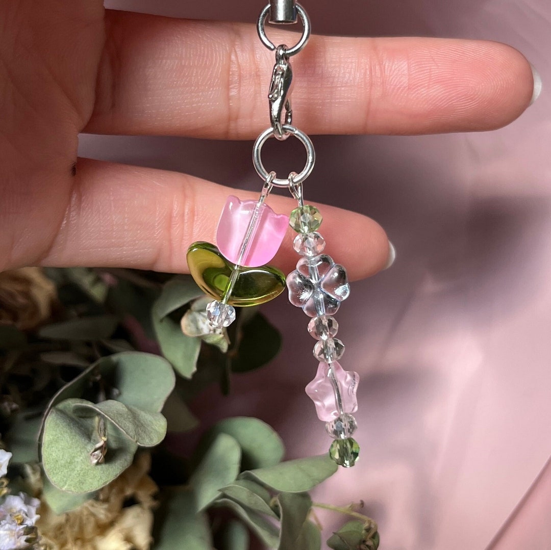 Cute Glass Bead Keychain Sterling Silver Pink Tulip Flower Pink Star ...
