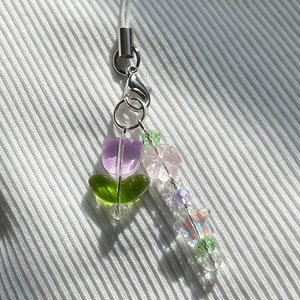 Cute Glass Bead Keychain Sterling Silver Purple Tulip Flower Pink ...