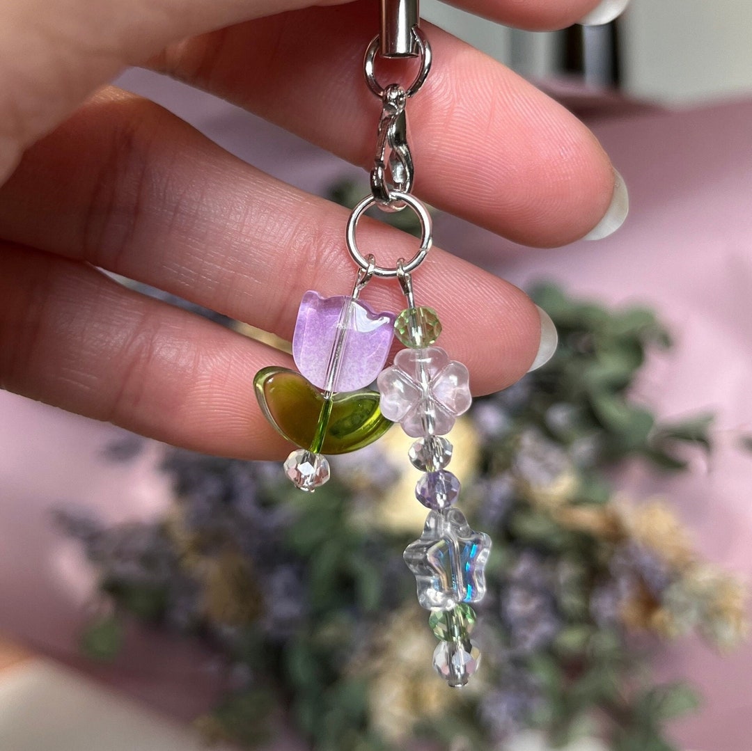Cute Glass Bead Keychain Sterling Silver Purple Tulip Flower Pink ...