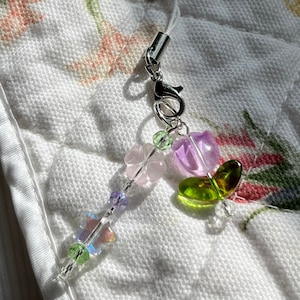 Cute Glass Bead Keychain Sterling Silver Purple Tulip Flower Pink ...