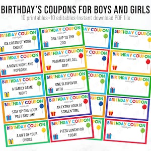 Cupones de cumpleaños IMPRIMIBLES, Cupones de regalo editables, Idea de ...