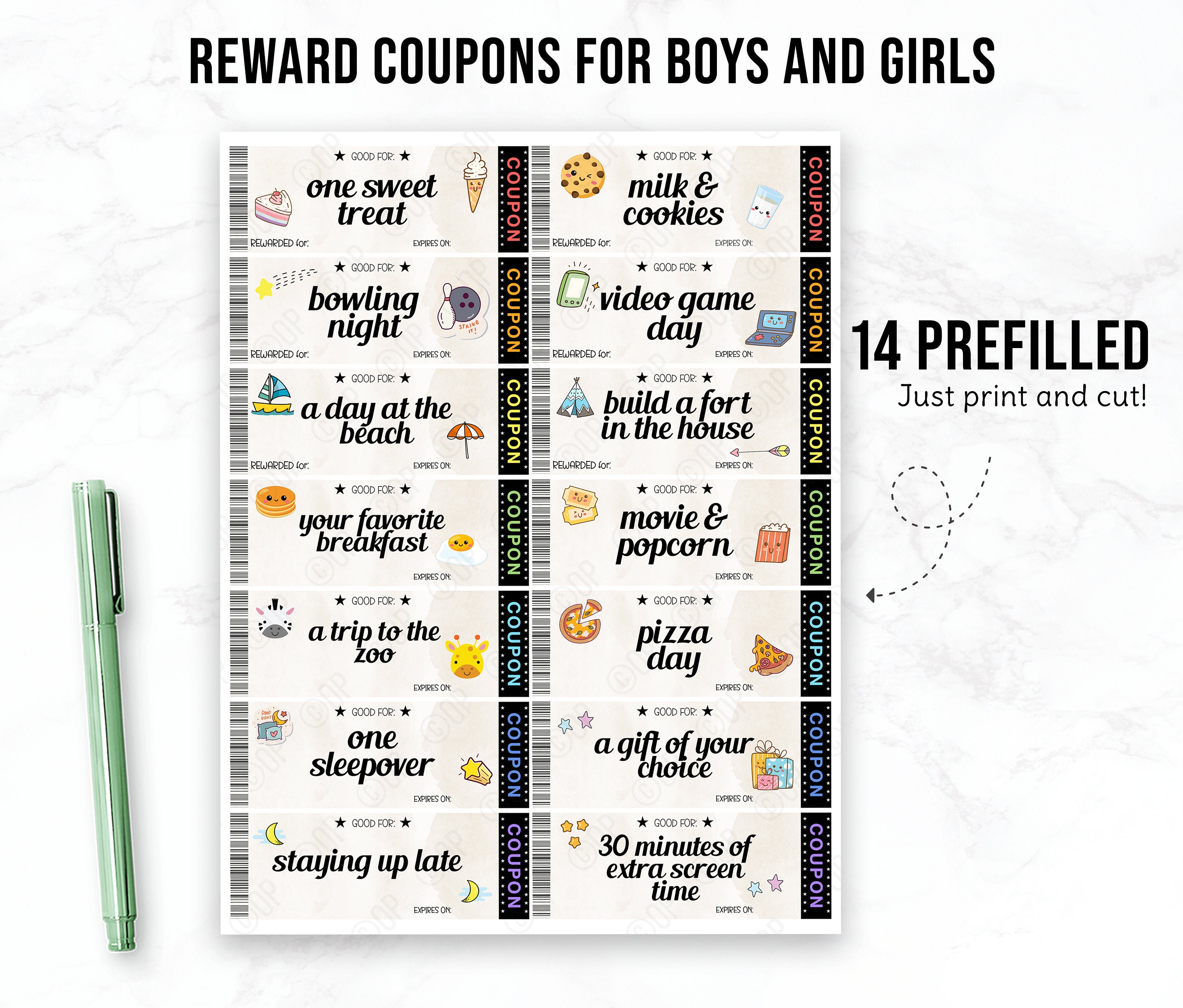 PRINTABLE Reward Coupons for Boys and Girls, Pre-filled Rewards, Blank ...