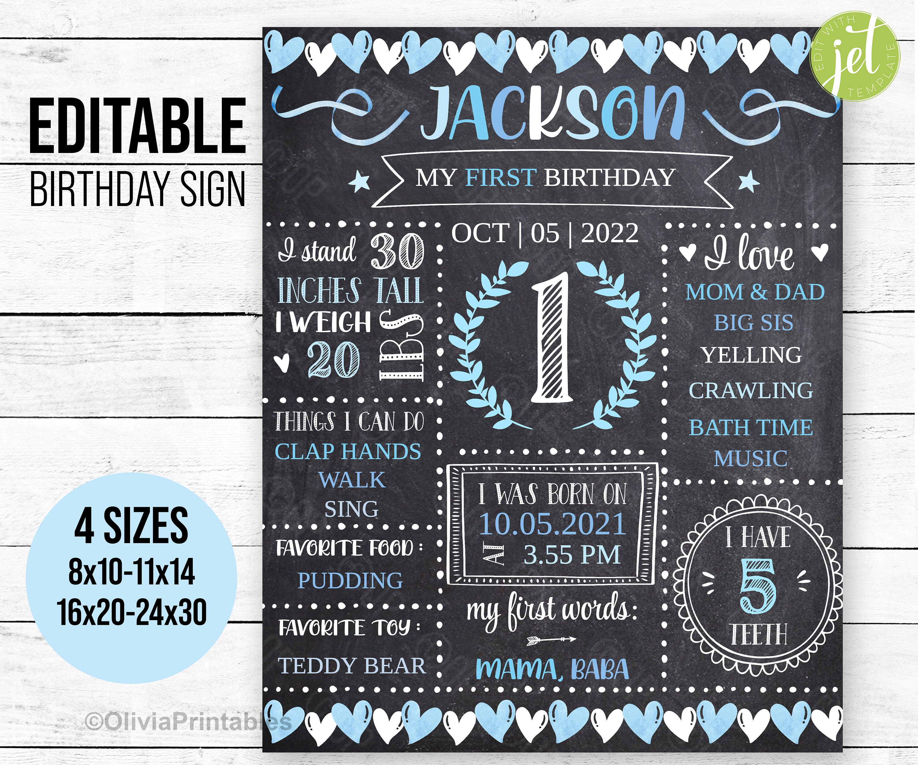 EDITABLE Birthday Sign for Children, First Birthday Chalkboard Sign ...