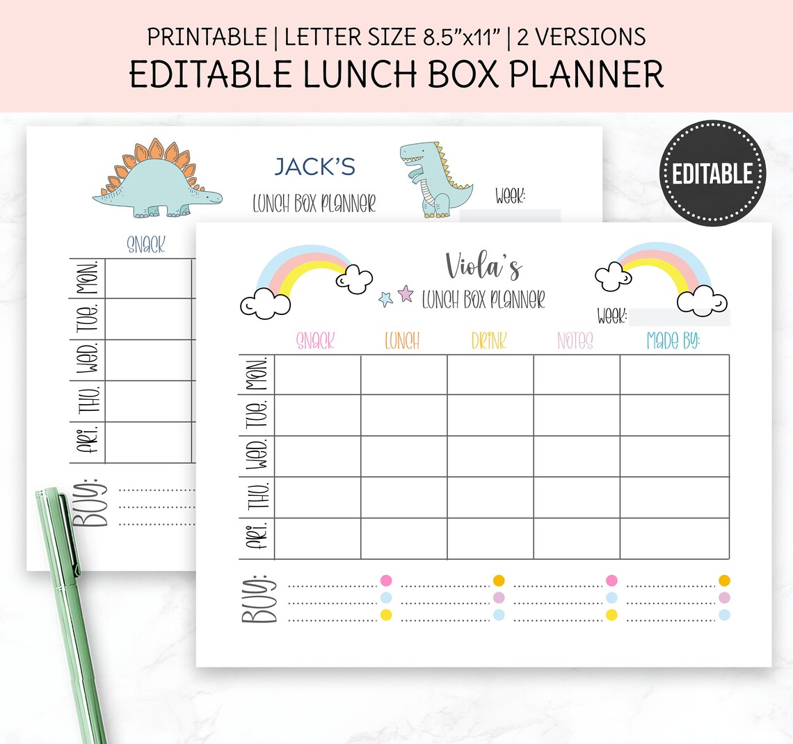 Printable Lunch Box Template, Meal Planner, Menu Planning, Lunch Box ...